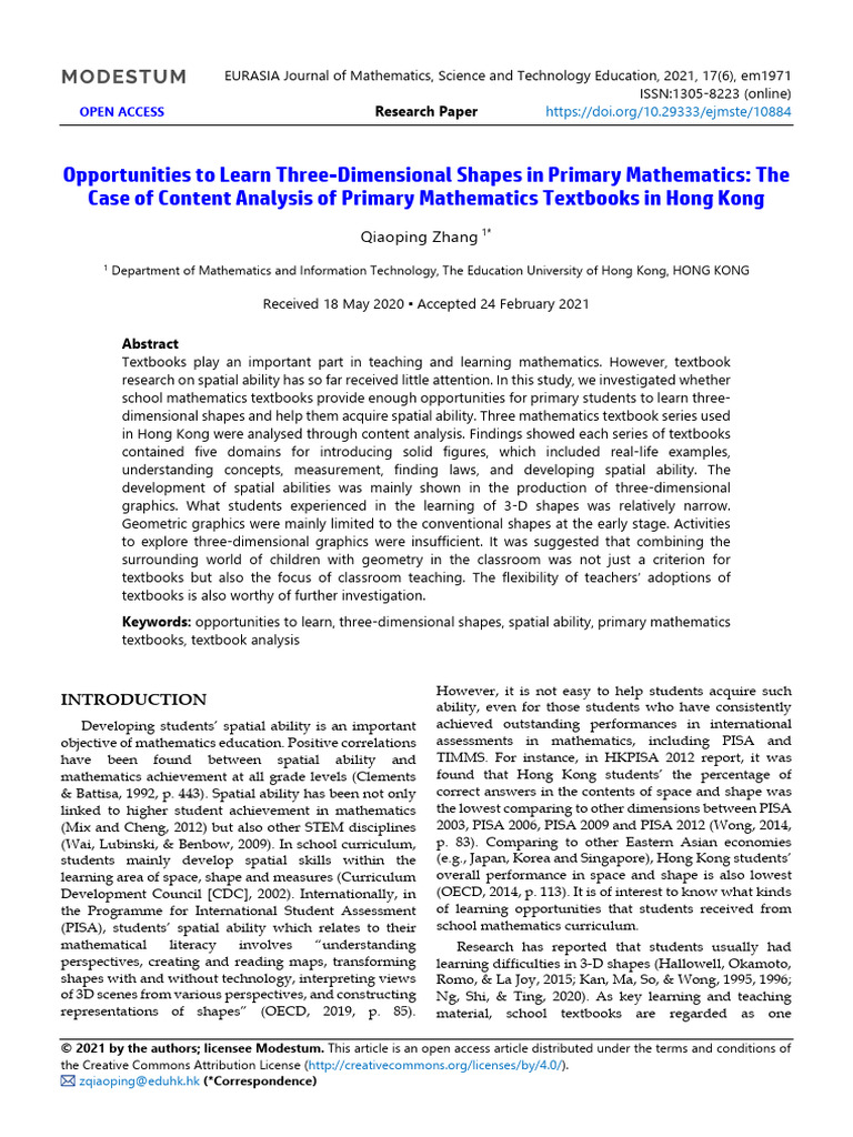 Opportunities To Learn Three Dimensional Shapes In Primary Mathematics