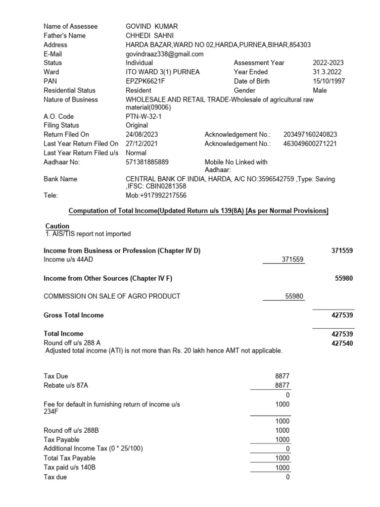 Coi of Govind Kumar 2022-23 | PDF