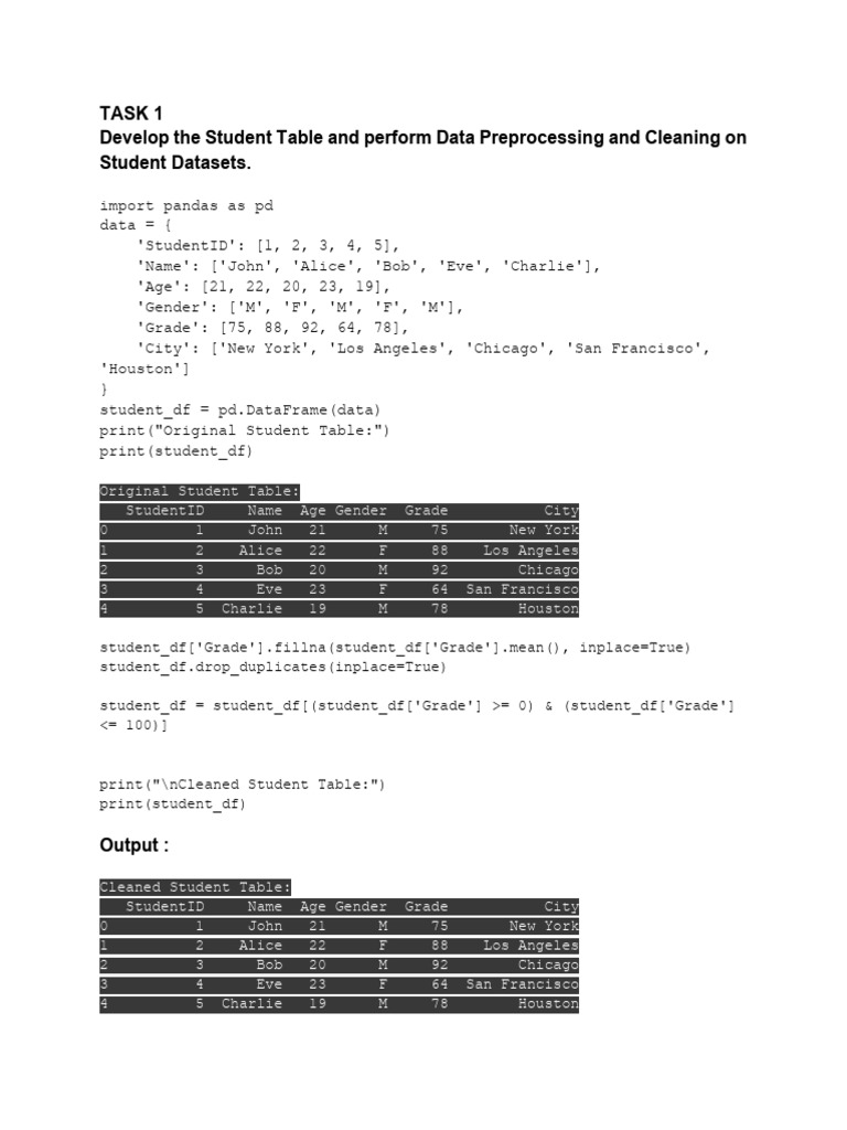 Task 1 Develop The Student Table and Perform Data Preprocessing and Cleaning On Student Datasets ...