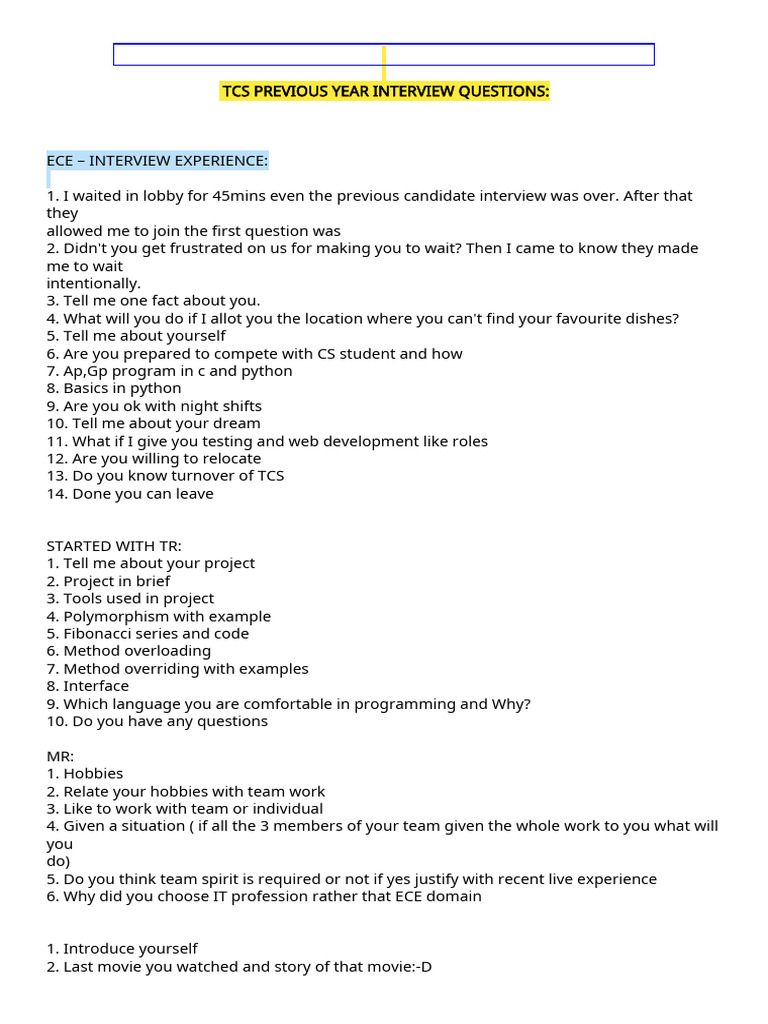TCS Previous Year Interview QSN | PDF | Sql | Object Oriented Programming