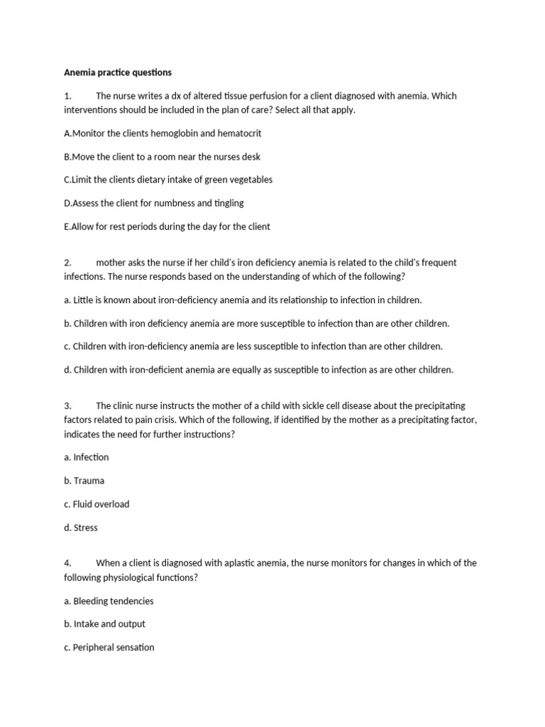 Anemia Practice Questions | PDF | Anemia | White Blood Cell