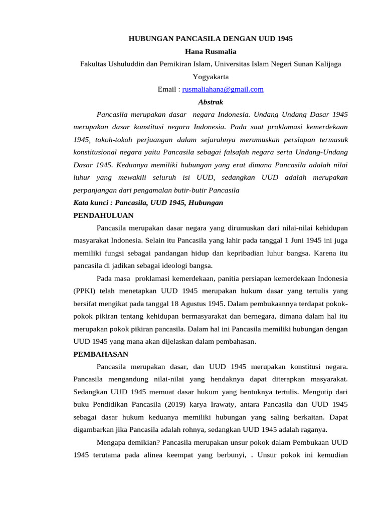 Paper - HUBUNGAN PANCASILA DENGAN UUD 1945 HANA RUSMALIA | PDF