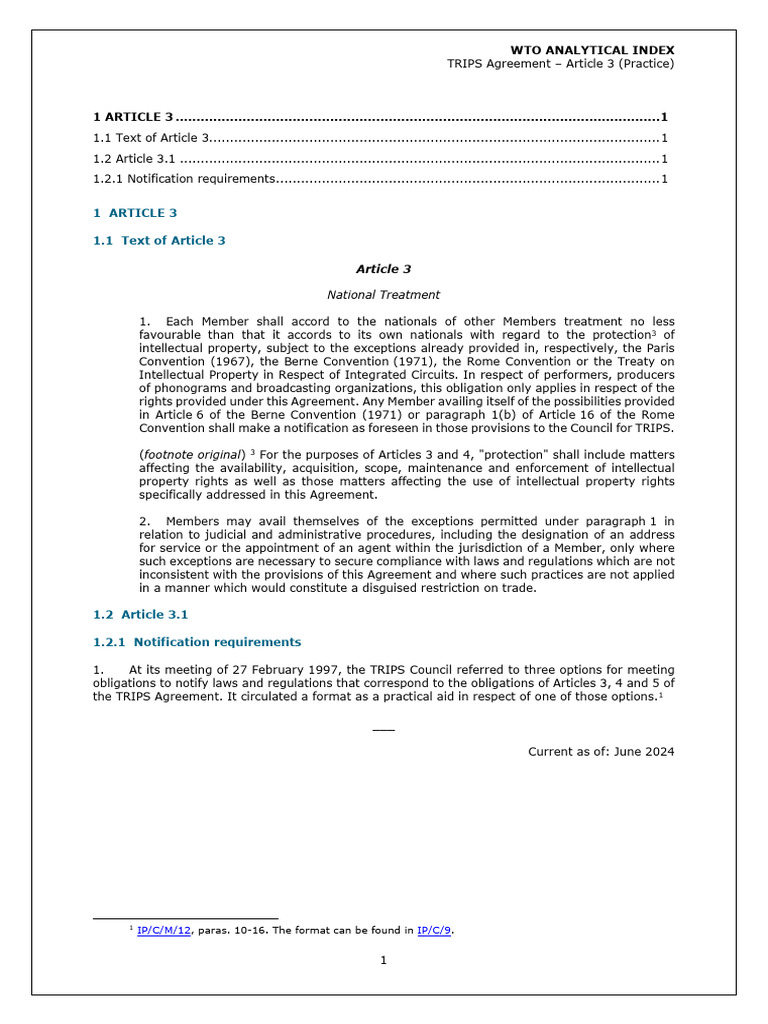 TRIPS Agreement Article 3: National Treatment | PDF | Trips Agreement | Law