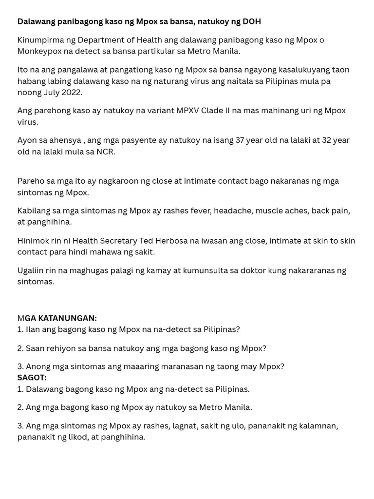 Dalawang Panibagong Kaso NG Mpox Sa Bansa, Natukoy NG DOH PDF | PDF Dalawang Panibagong Kaso NG Mpox Sa Bansa, Natukoy NG DOH PDF | PDF