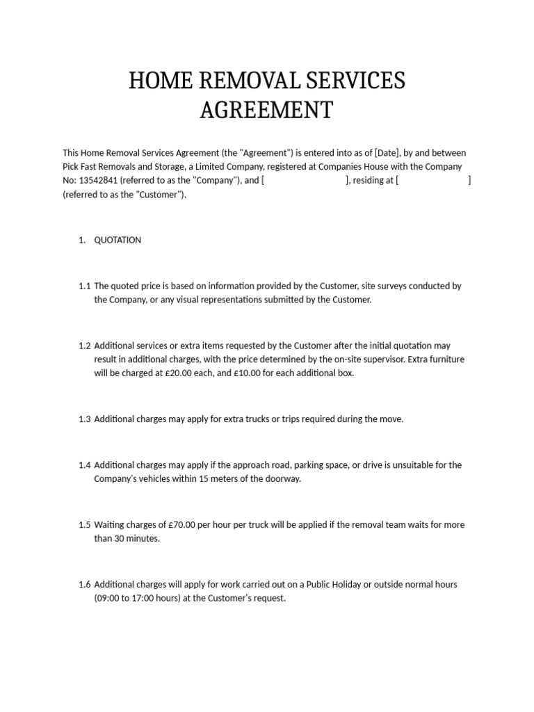 Pick Fast HOME REMOVAL SERVICES AGREEMENT | PDF