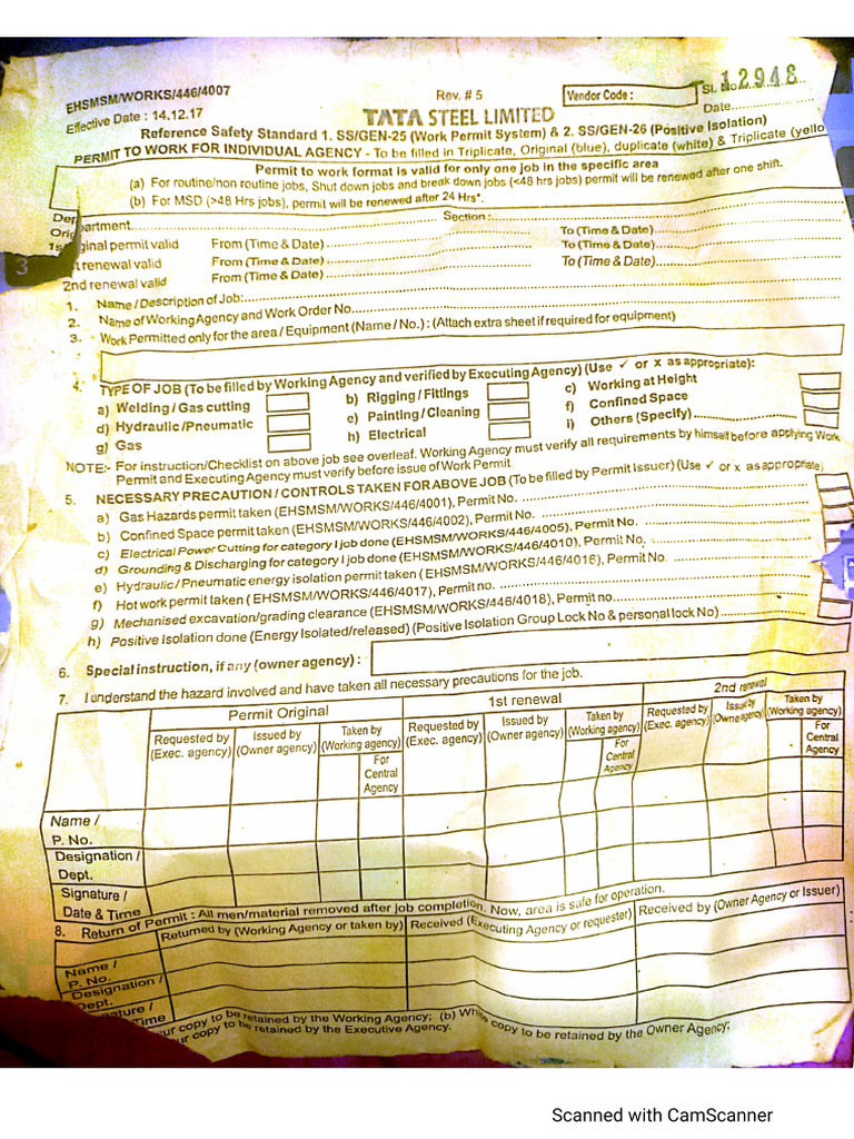 Work Permit Tata Steel | PDF