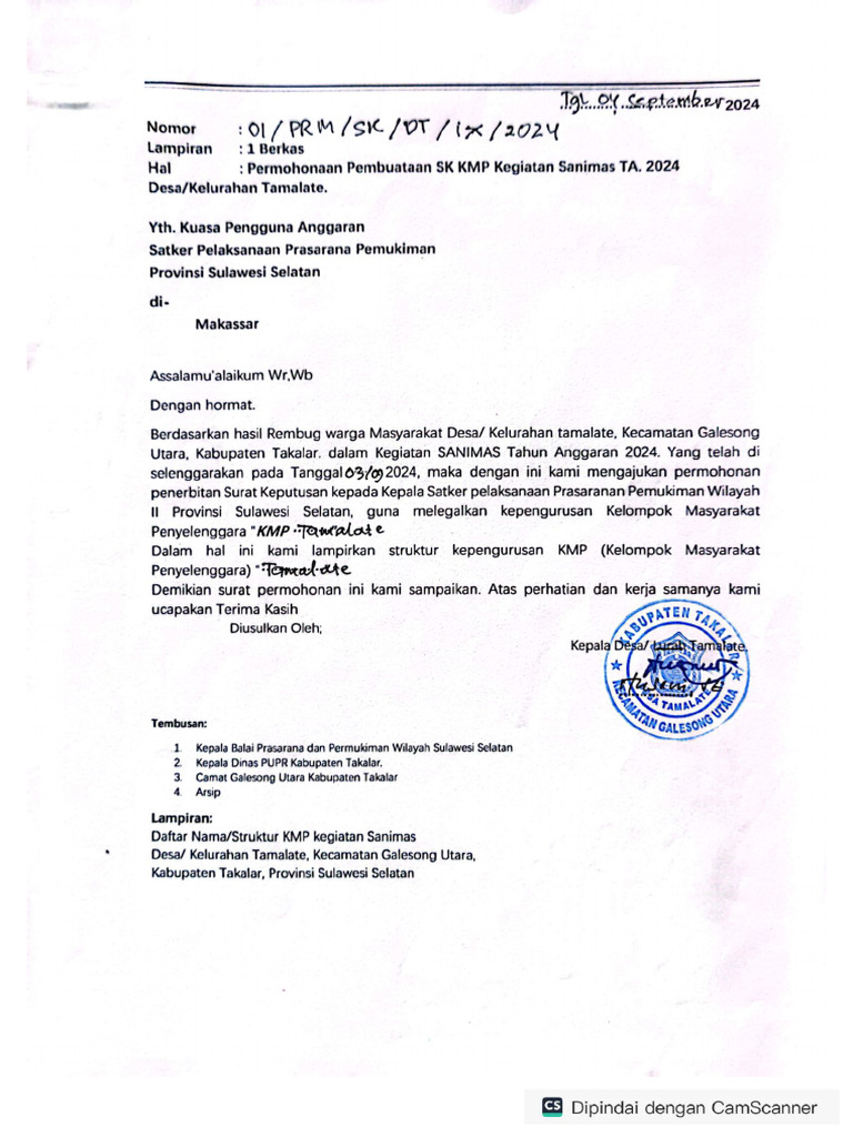 Permohonan Pembuatan SK KMP Sanimas | PDF