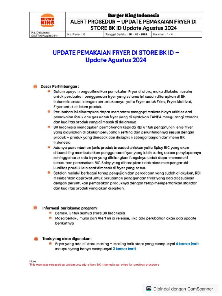 ALERT Procedure - UPDATE PEMAKAIAN FRYER DI STORE BK ID - Agustus 2024 ...