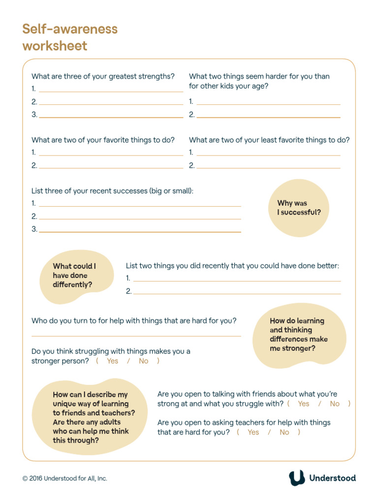 Self-Awareness Worksheet For Older Kids | PDF