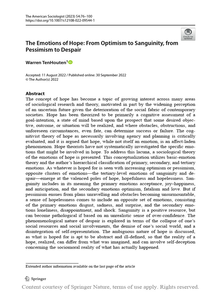 The Emotions of Hope From Optimism To Sanguinity F | PDF