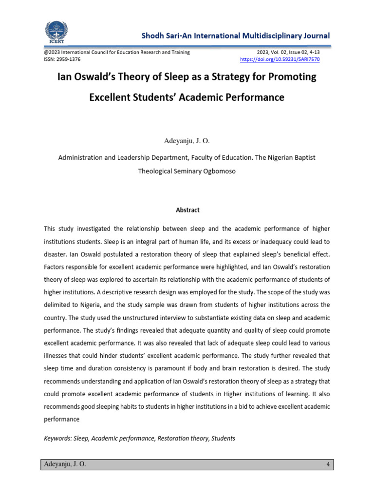 Ian Oswald S Theory of Sleep As A Strate | PDF | Sleep | Self-Improvement