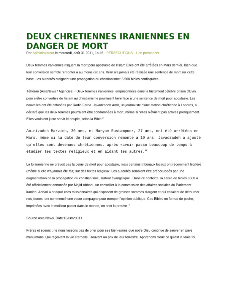 Deux Chretiennes Iraniennes en Danger de Mort | PDF