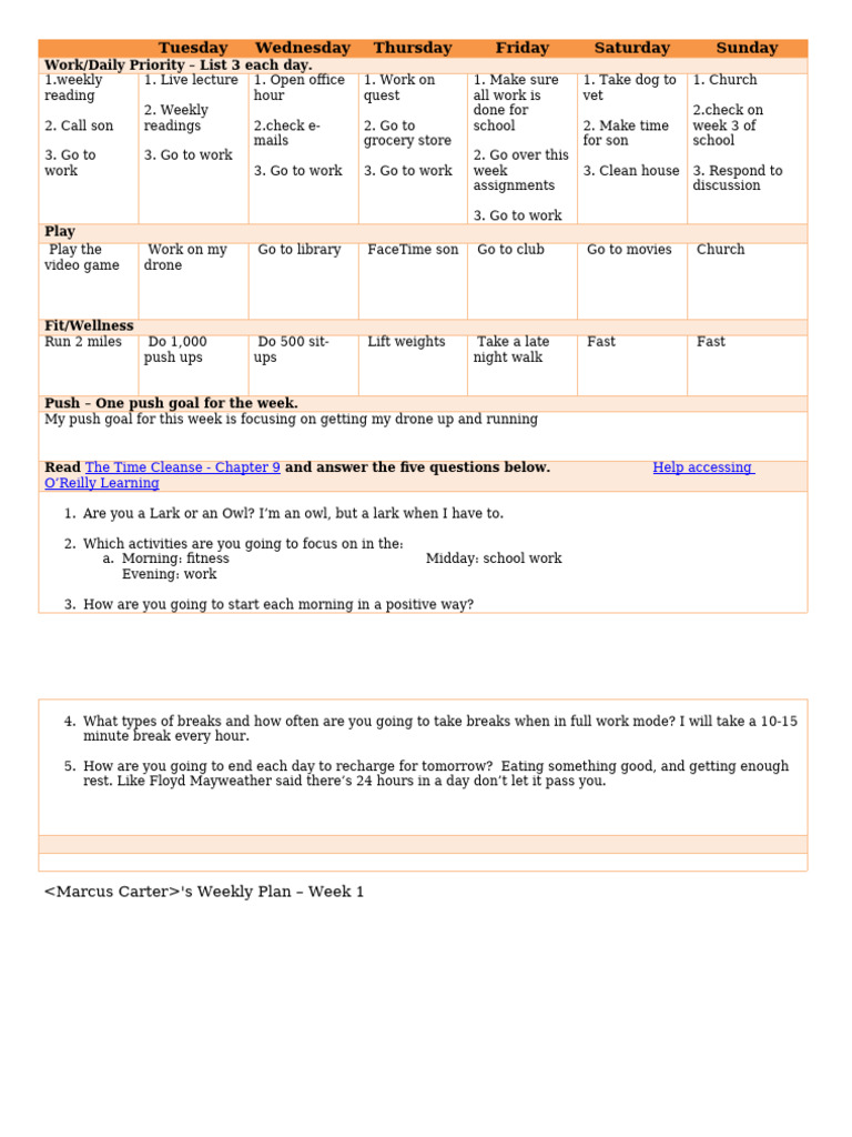 Weekly Plan 2 | PDF | Career & Growth | Self-Improvement