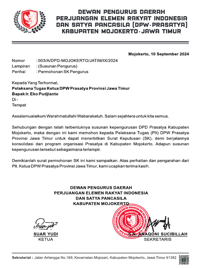 Surat Permohonan SK DPD Prasatya Mojokerto | PDF