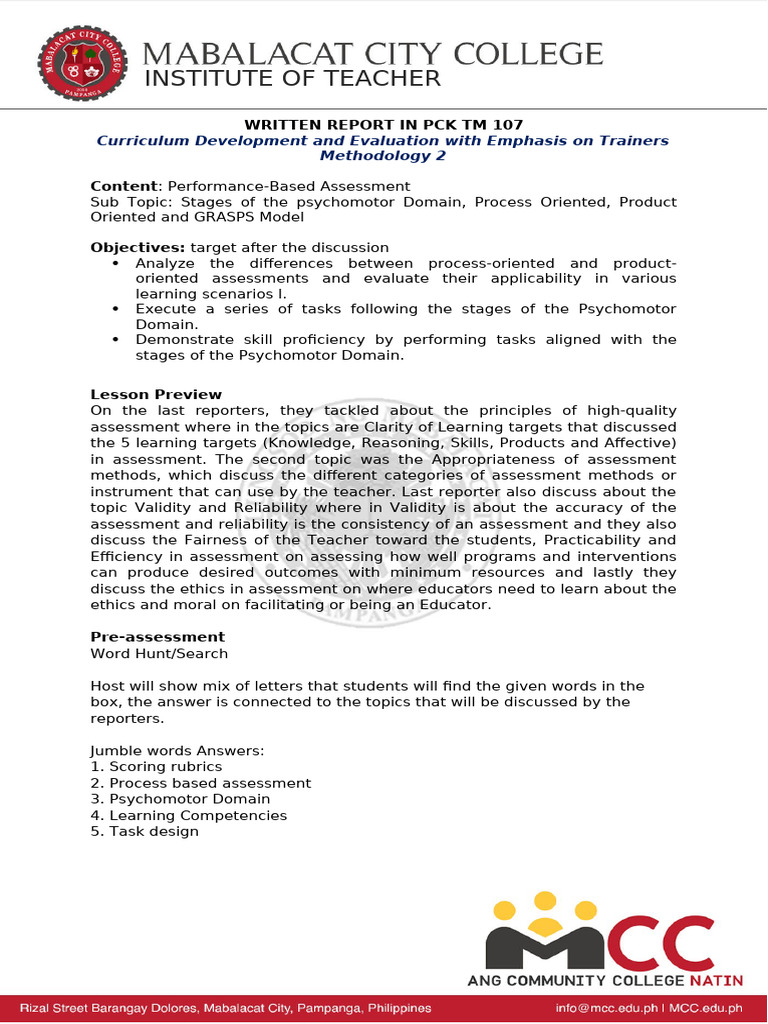 Lesson 3 - Performance Based Assessment | PDF