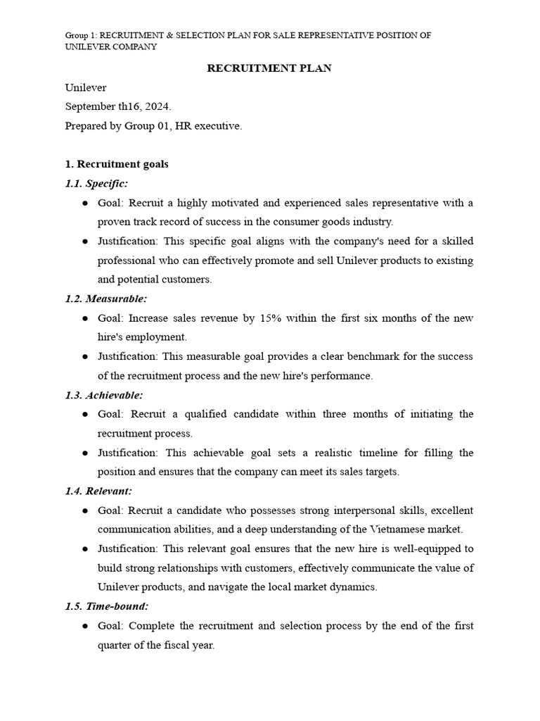 Group 1 - RECRUITMENT & SELECTION PLAN FOR SALE REPRESENTATIVE POSITION ...