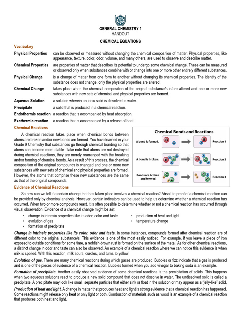 Q1 L9 Writing Chemical Equations Handout | PDF
