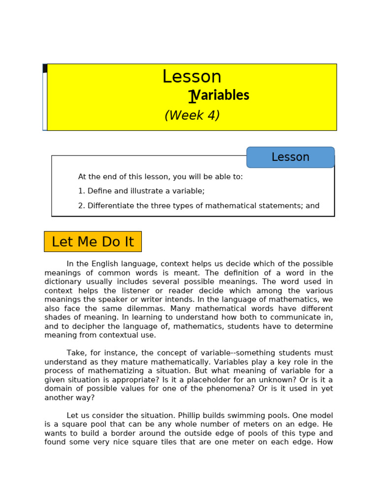 Module 2 Lesson 1. Variables | PDF