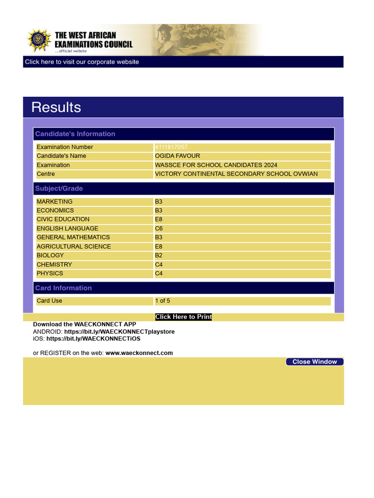 Waecdirect Online - Results | PDF