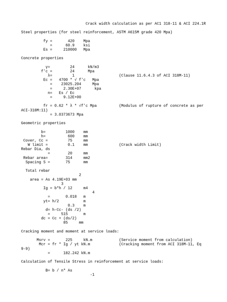 Crack Width As Per ACI 318 Spreadsheet | PDF