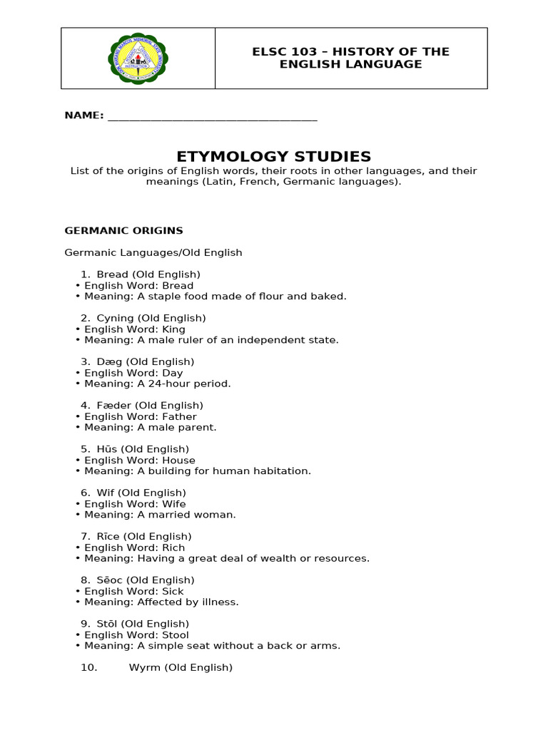 Etymology Studies Activity Format | PDF
