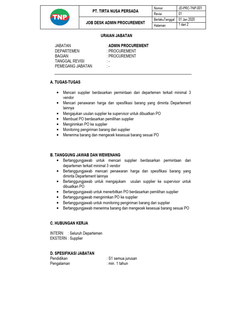 JD-PRC-TNP-001 Job Des Admin Procurement | PDF