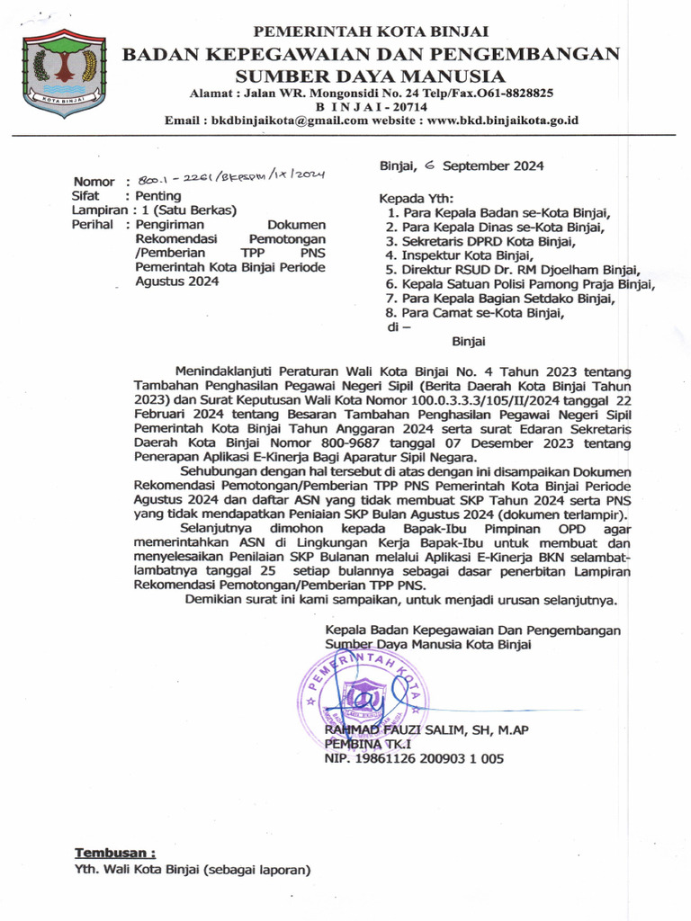 Surat Pengantar TPP Dan SKP Bulan Agustus 2024 | PDF