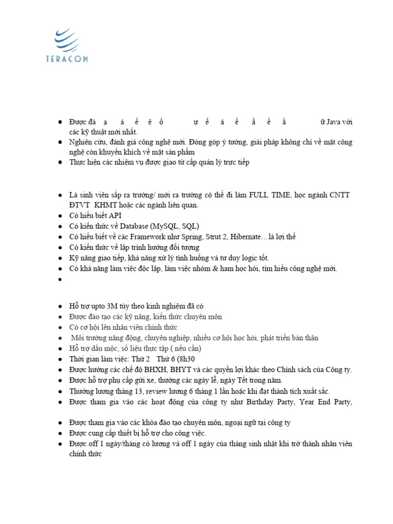 (Teracom Global) JD Intern Java | PDF
