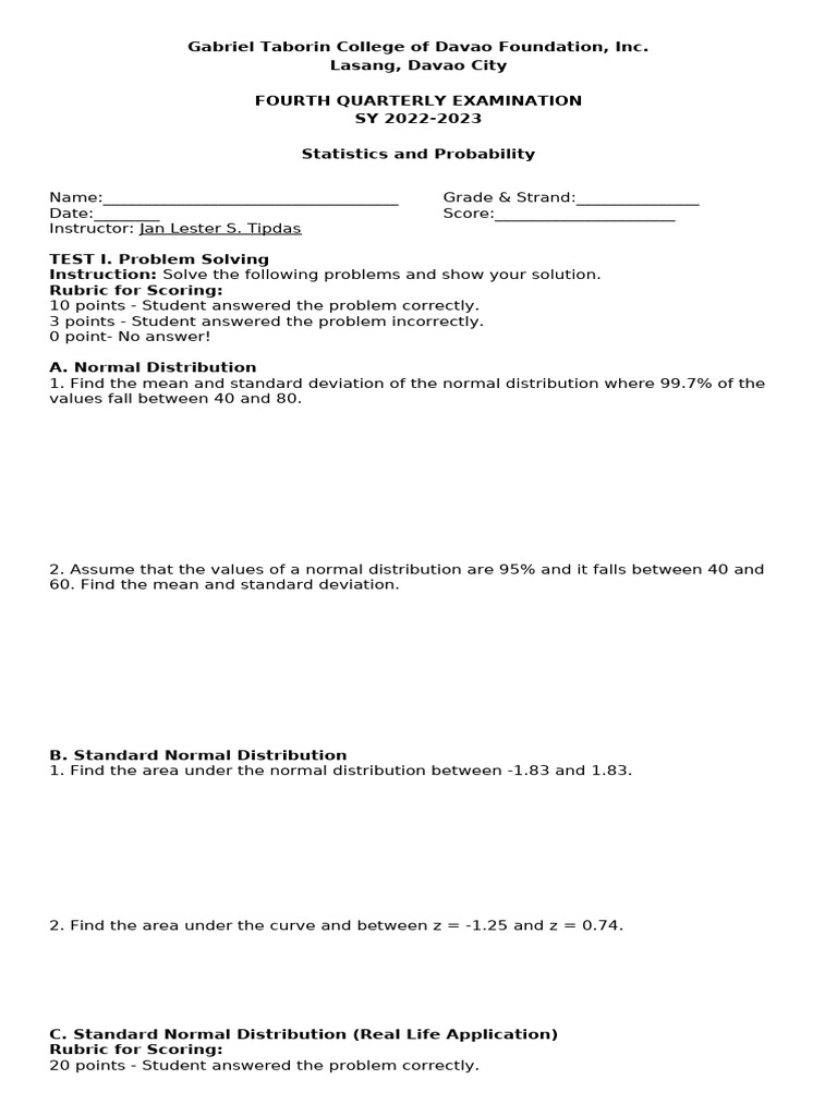 Stat & Prob TQ (Honor Students) | PDF | Self-Improvement