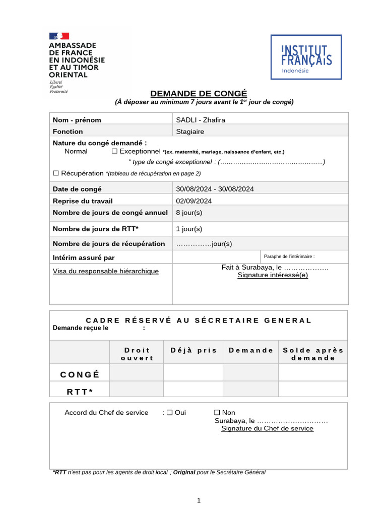 Zhafira - Demande de Congé | PDF