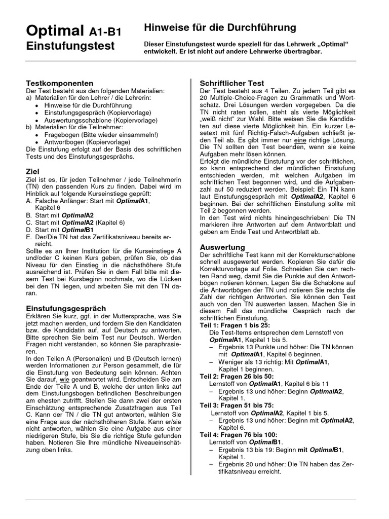 Optimal A1 B1 Einstufungstest Hinweise F | PDF