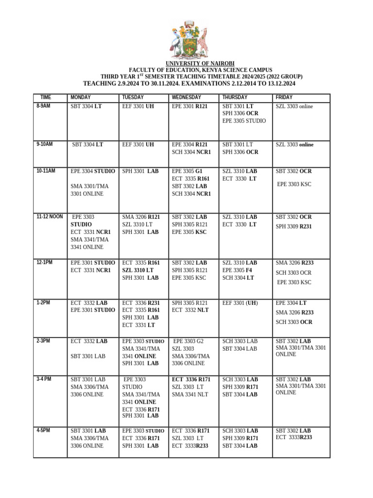 UON Education Timetable 2024/2025 | PDF