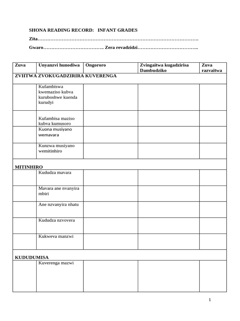 Shona Reading Record Infants | PDF