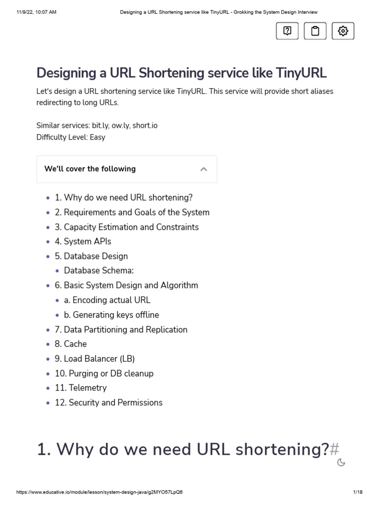 Designing A URL Shortening Service Like TinyURL - Grokking The System Design Interview | PDF