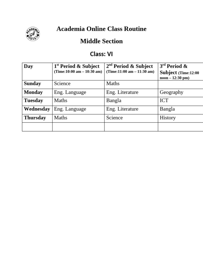 Academia Online Class Routine VI | PDF