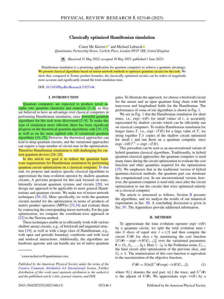 Classically Optimized Hamiltonian Simulation | PDF