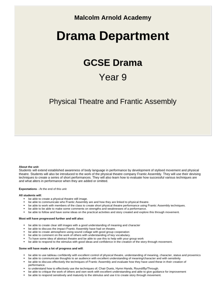 Physical Theatre Frantic Assembly SoW - Docx Version 1 | PDF