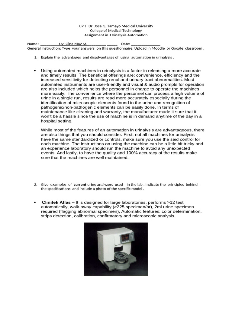 AUBF Lab - Assignment in Urinalysis Automation | PDF