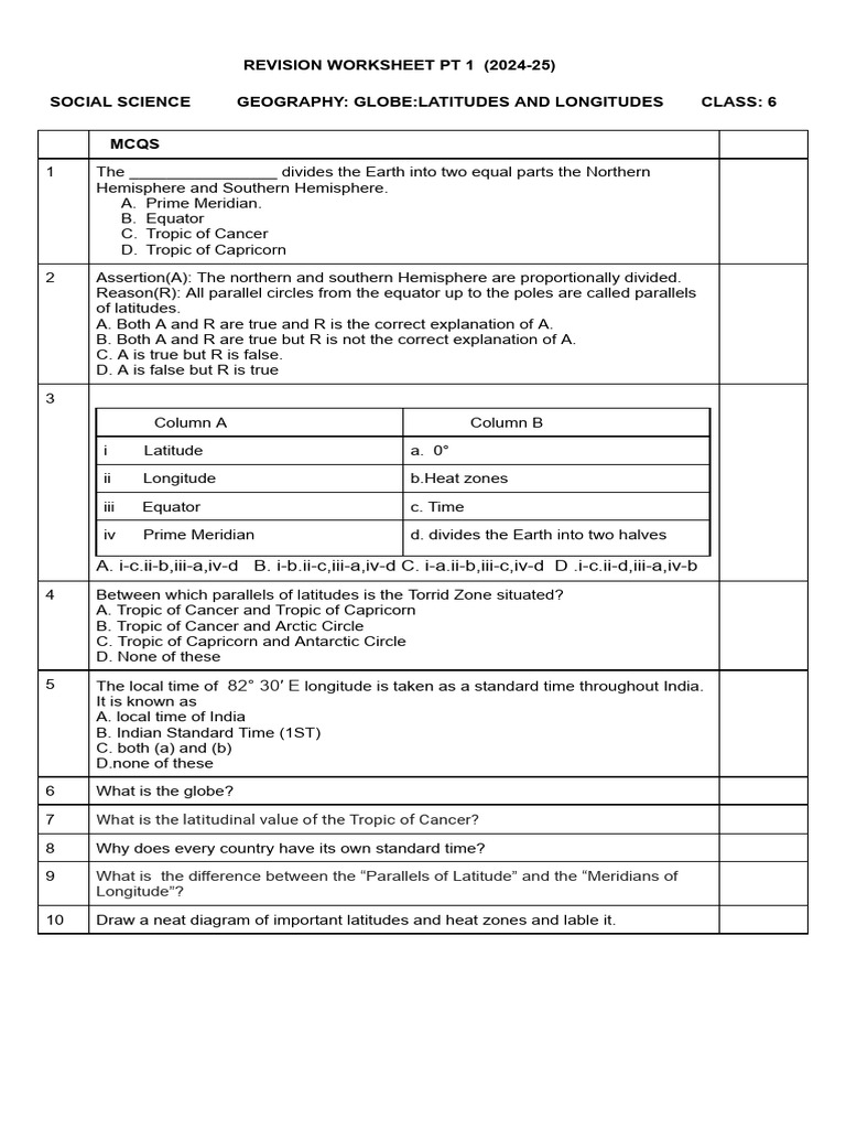 Class 6 - Social Science Revisison Worksheet | PDF