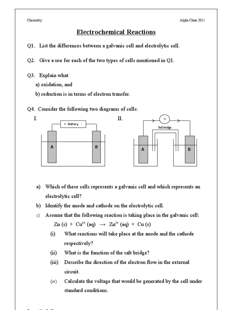 Electrochemistry Worksheet | PDF | Redox | Electrochemistry