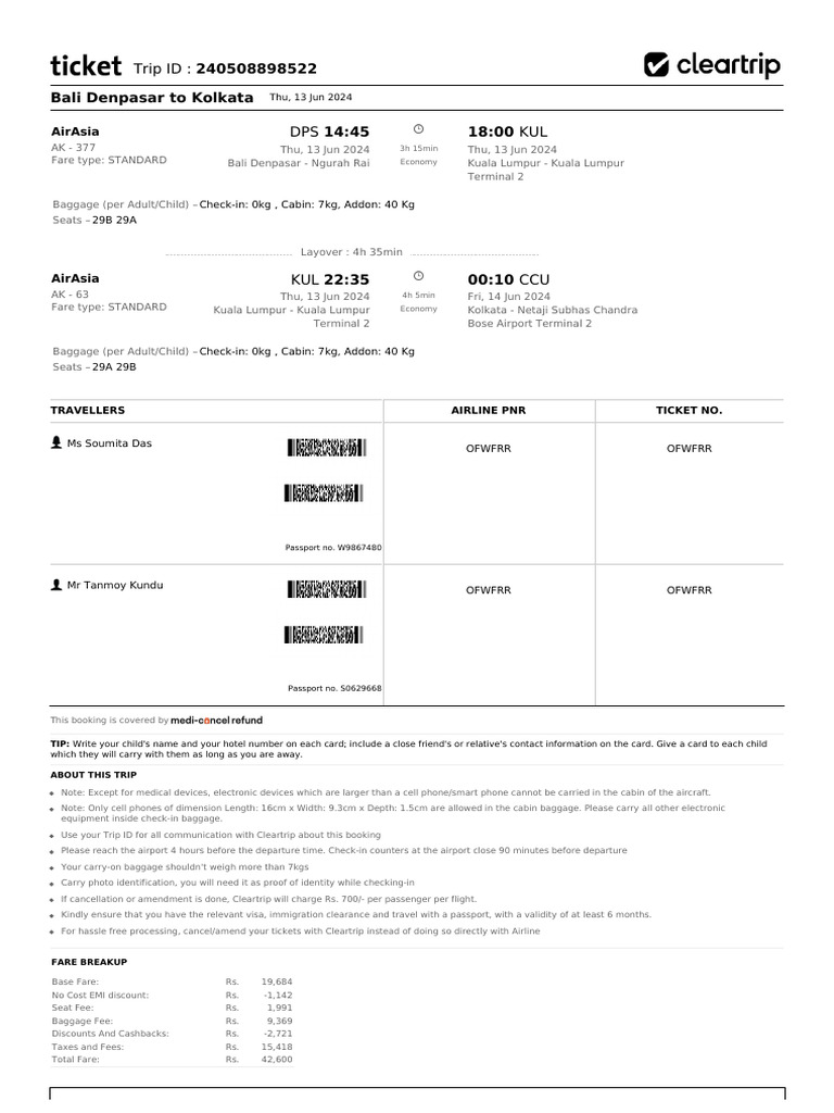 Cleartrip Flight E-Ticket | PDF