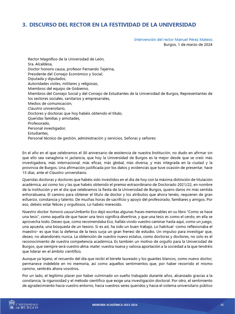 Discurso del Rector en la Fiesta Universitaria | PDF | Universidad | España