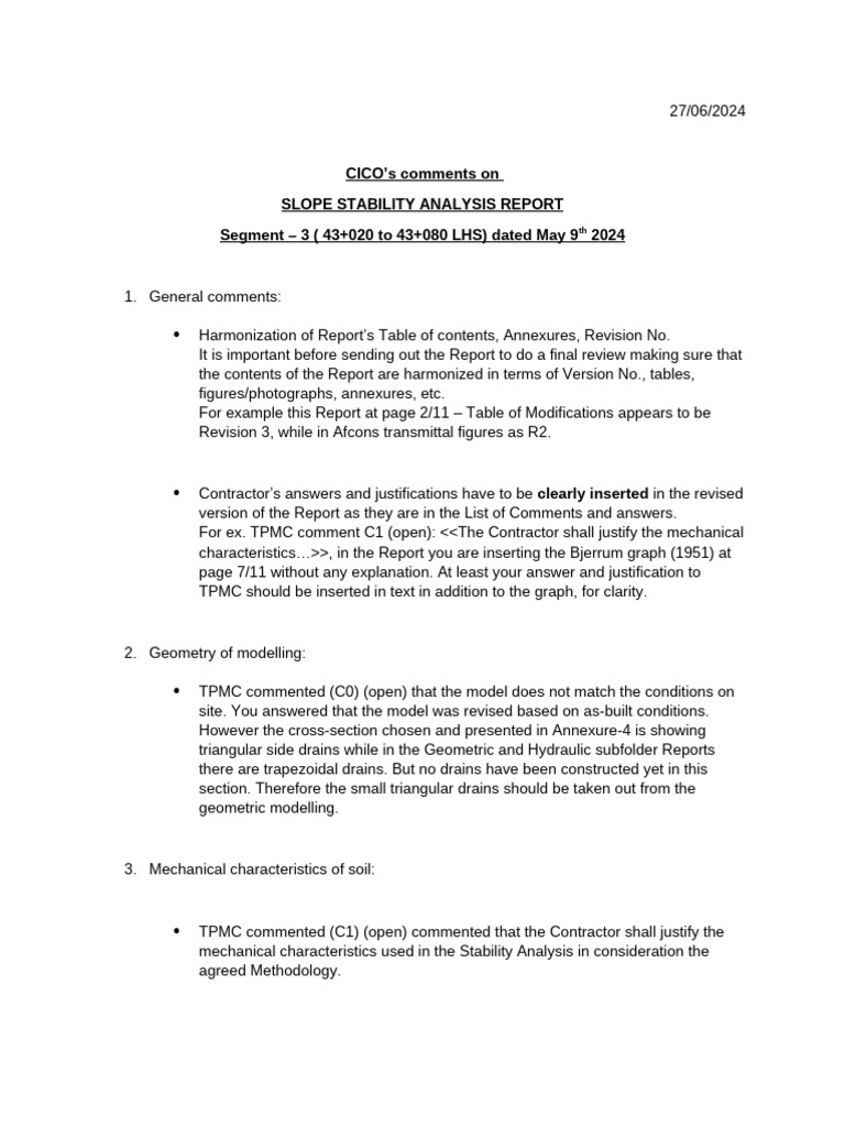 CICO Comments For Slope Stability Analysis Report Segm-3 (PK43+020 - PK43+080) | PDF | Applied ...