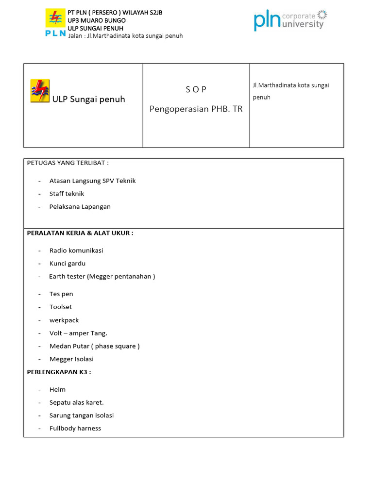 SOP Pengoperasian PHB TR | PDF