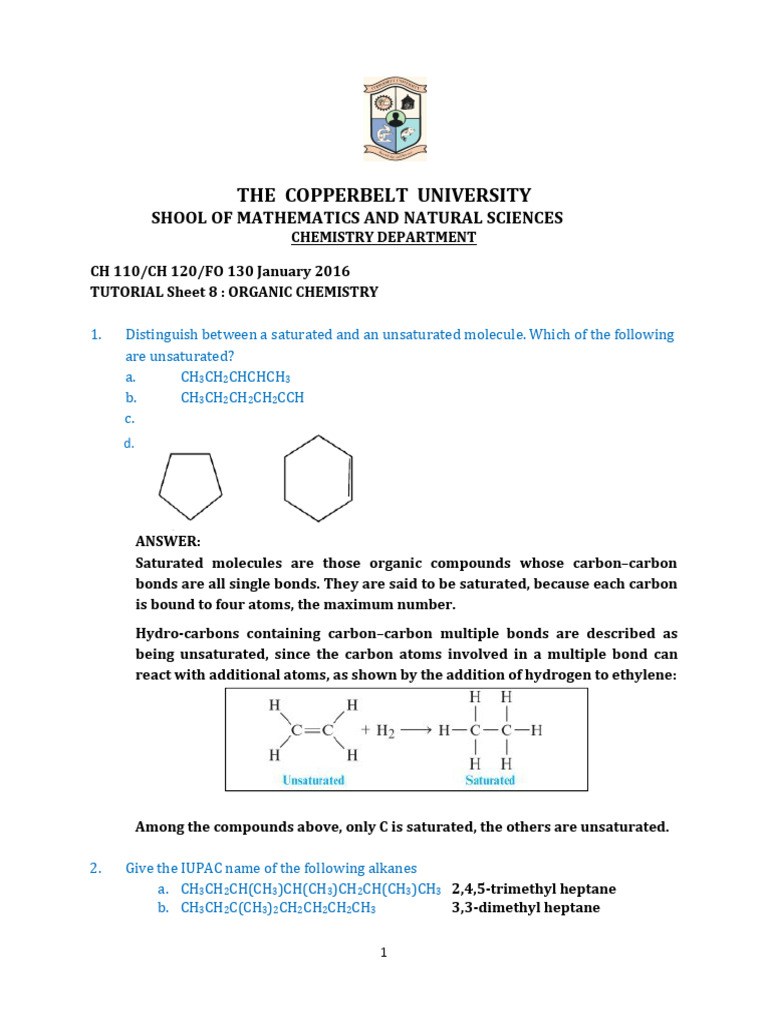 SOL - Tut 8 - Organic Chemistry 2015 | PDF | Alkene | Teaching Methods & Materials