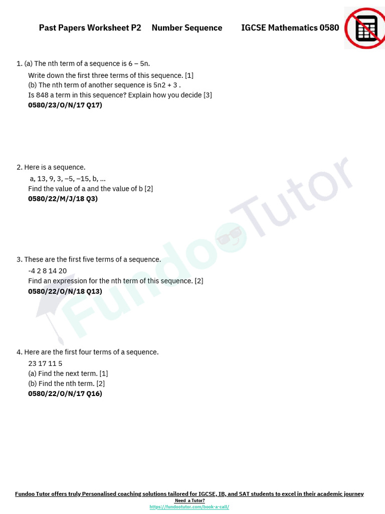 IGCSE Math 0580 Number Sequence Past Paper Worksheet P2 | PDF