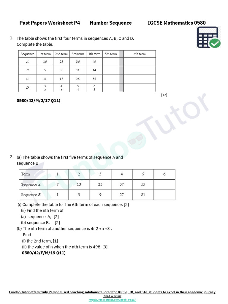 IGCSE Math 0580 Number Sequence Past Paper Worksheet P4 | PDF