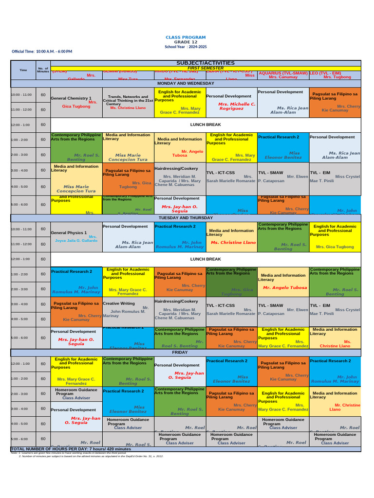 SHS Class Schedule 2024 2025 Revised 3 | PDF | Science