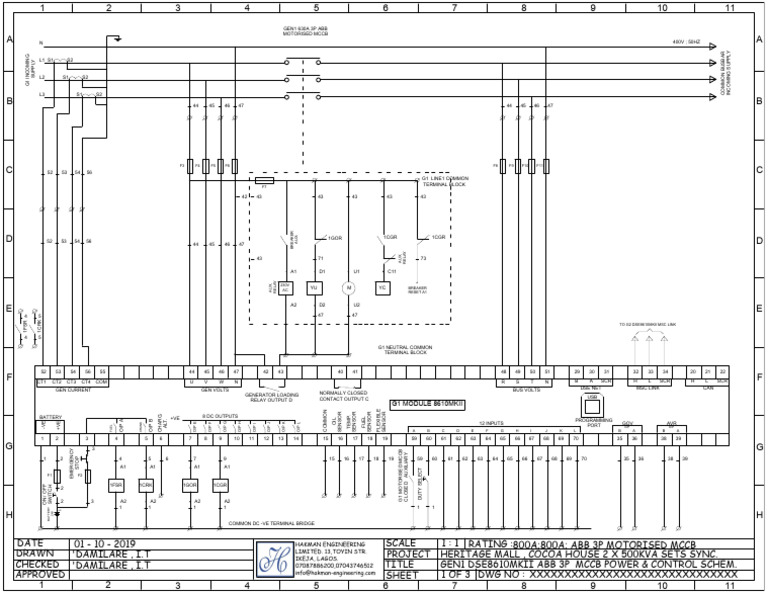 GEN1 DSE8610MKII ABB 630A 3P MOTORISED MCCB POWER AND CONTROL SCHEM ...
