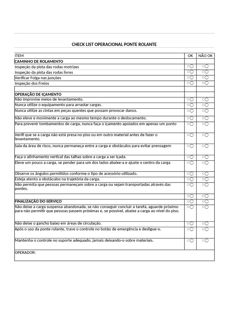 Checklist Operacional Ponte Rolante | PDF